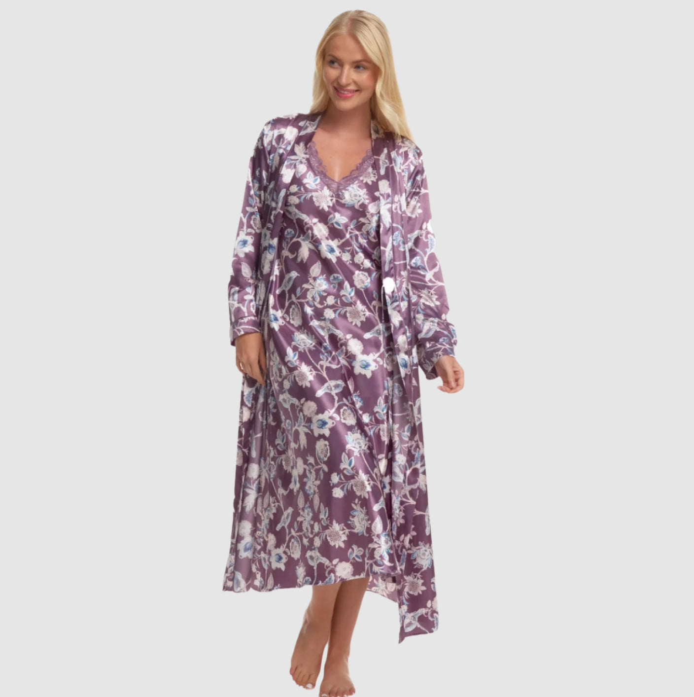 Beautiful Plain Purple Floral Satin Dressing Gown Robe – Pure Night